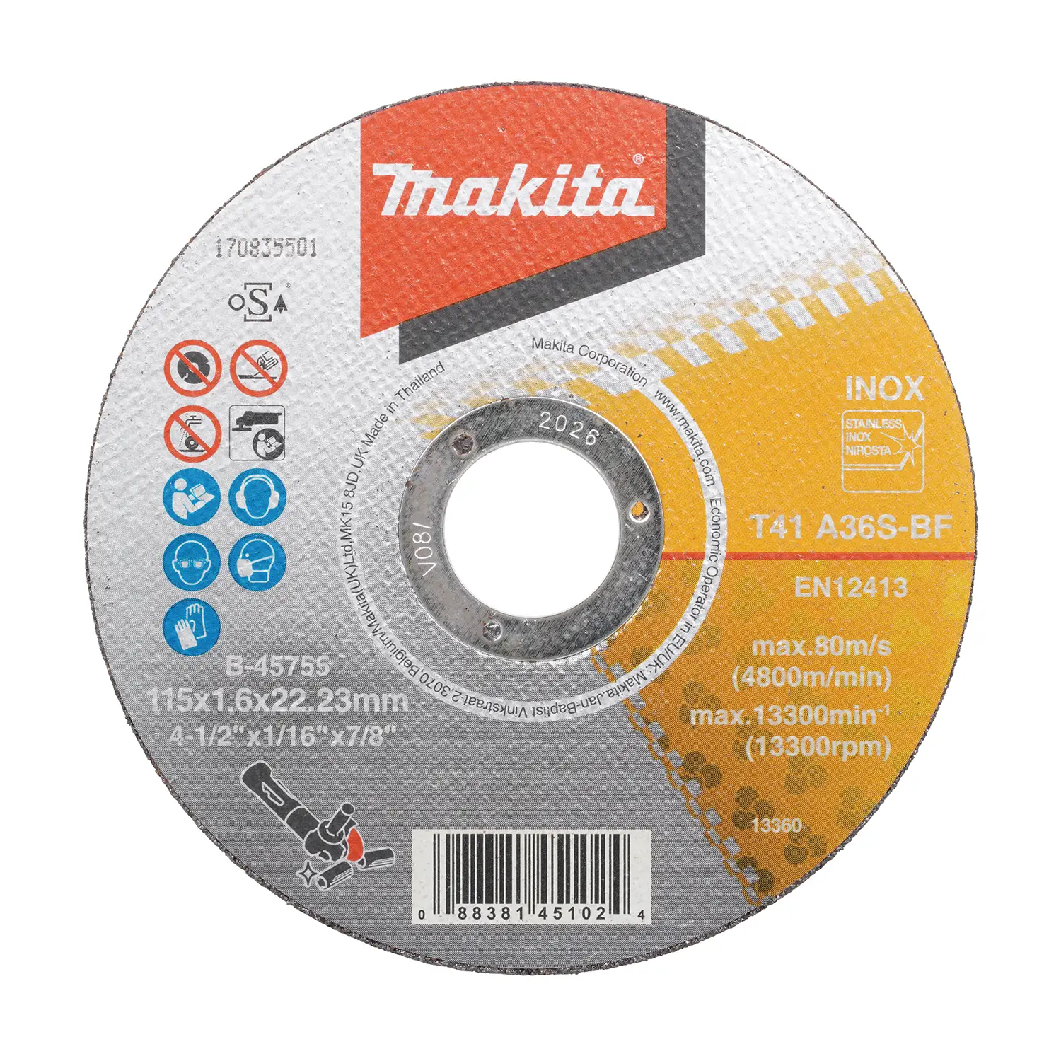 Disco Corte Metal/Inox 1,6Mm. 4-1/2" (115 X 1,6 X 22,23 Mm.) Recto/A36S ...